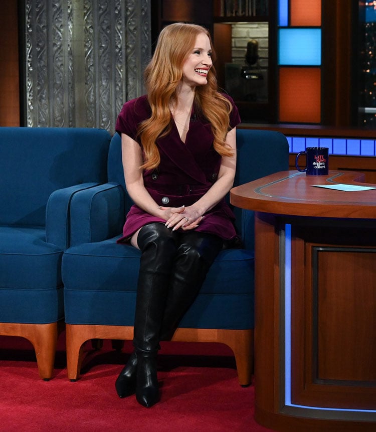 Jessica Chastain Wore Dries van Noten On The Late Show With Stephen Colbert