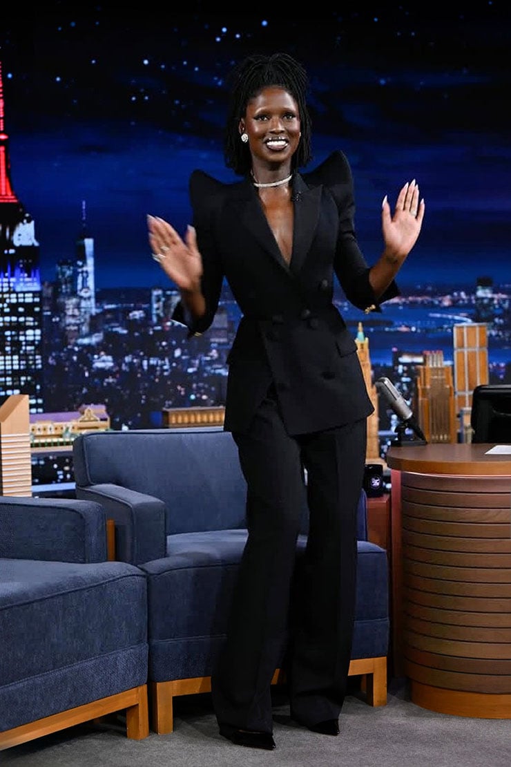 Jodie Turner-Smith rocks Balmain’s pagoda shoulder blazer on Fallon