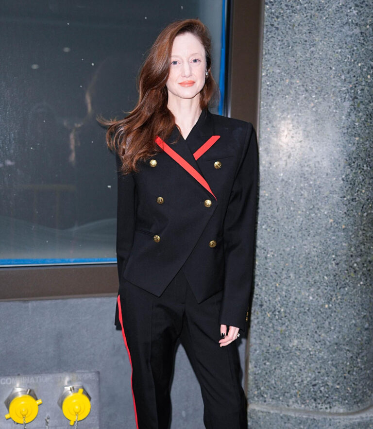 Andrea Riseborough's Sharp Tailoring in McQueen on GMA - Red Carpet ...