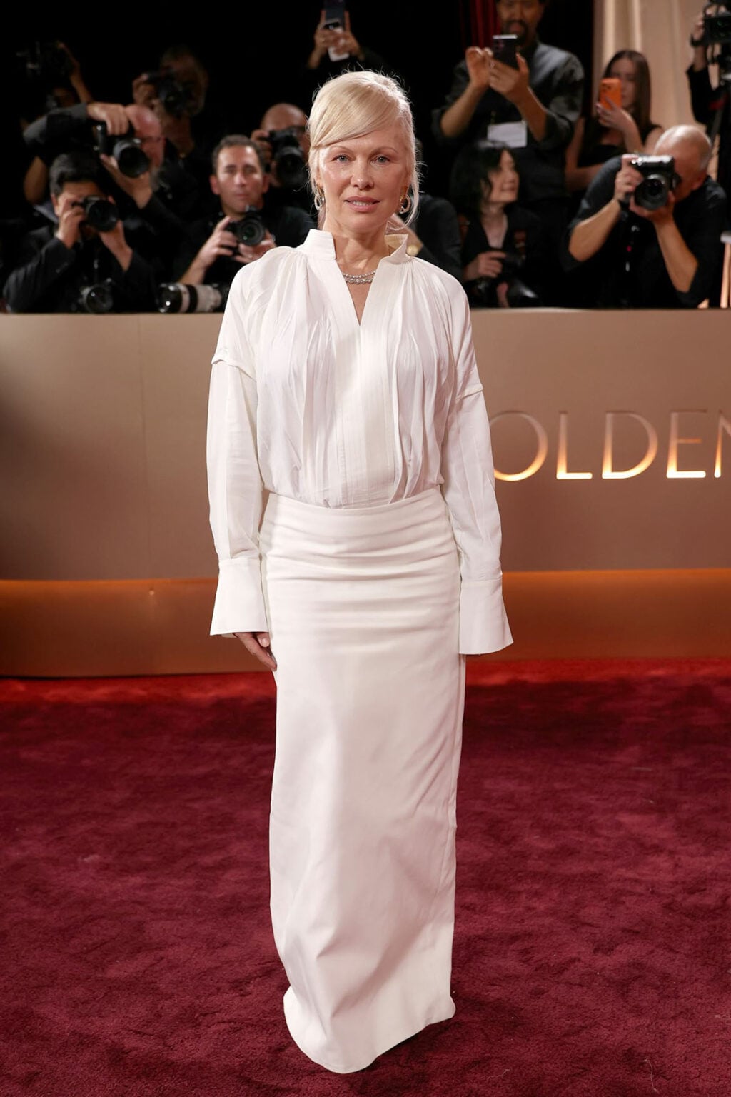 Pamela Anderson's Pared Back Glam in Ferragamo at the Globes - Red ...