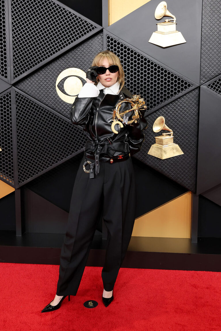 Miley Cyrus’ Leather Celine Look at the 2026 Grammys - Red Carpet ...